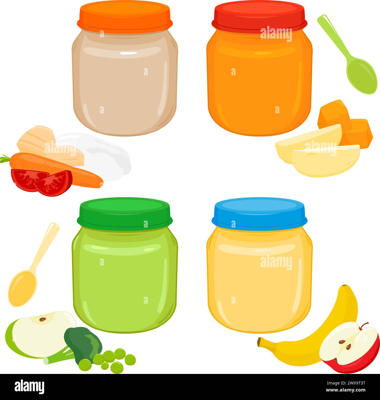 Baby and toddler food set in jars. Meat, fruit and vegetable puree ...