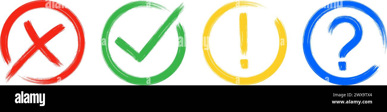 Dirty grunge cross x, tick OK, exclamation and question check marks in ...