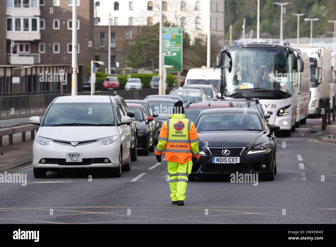 Traffic management in Dover for cars, coaches and lorries as they queue ...