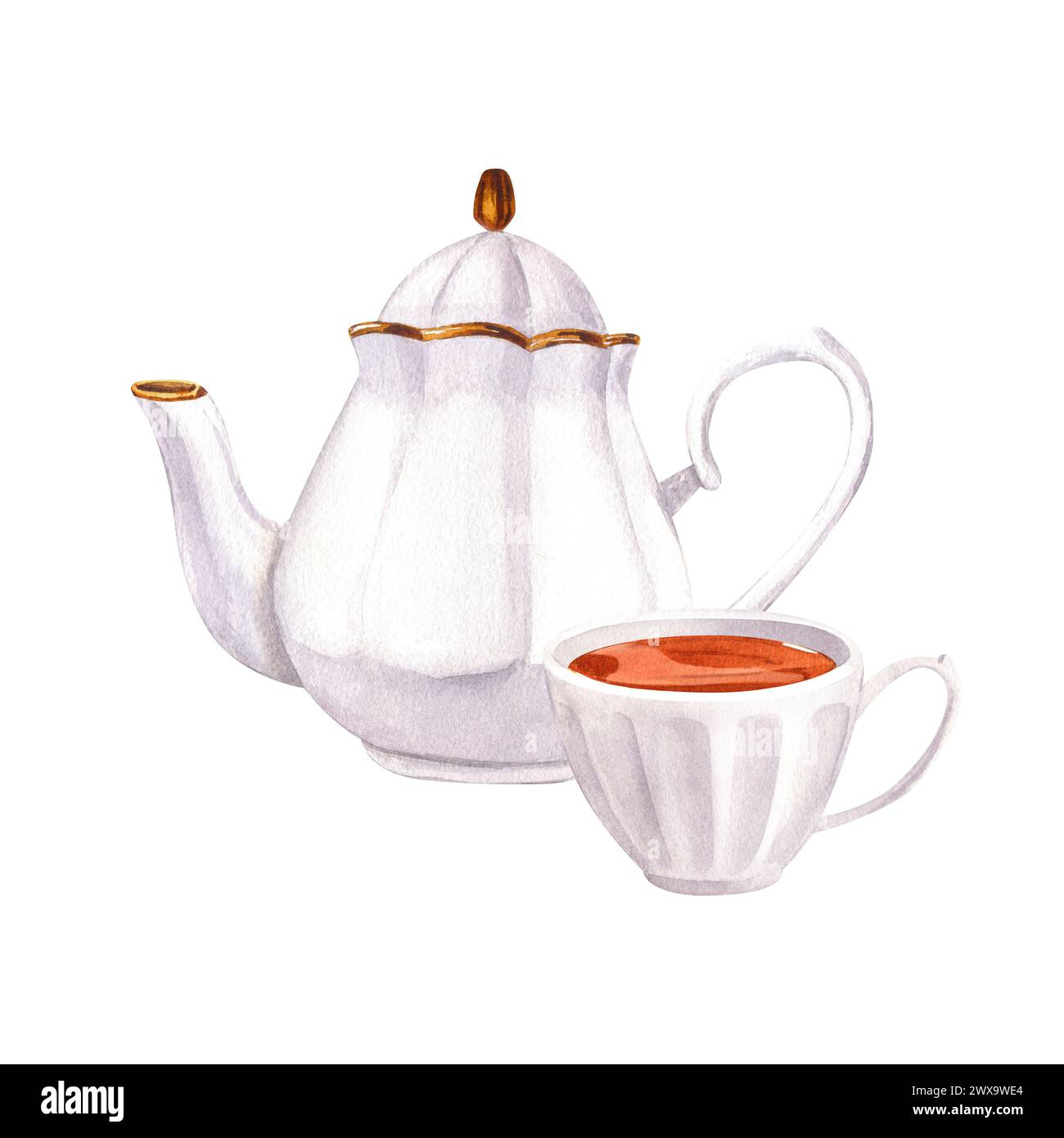 Porcelain ceramic white teapot and cap of tea. Watercolor hand-drawn ...