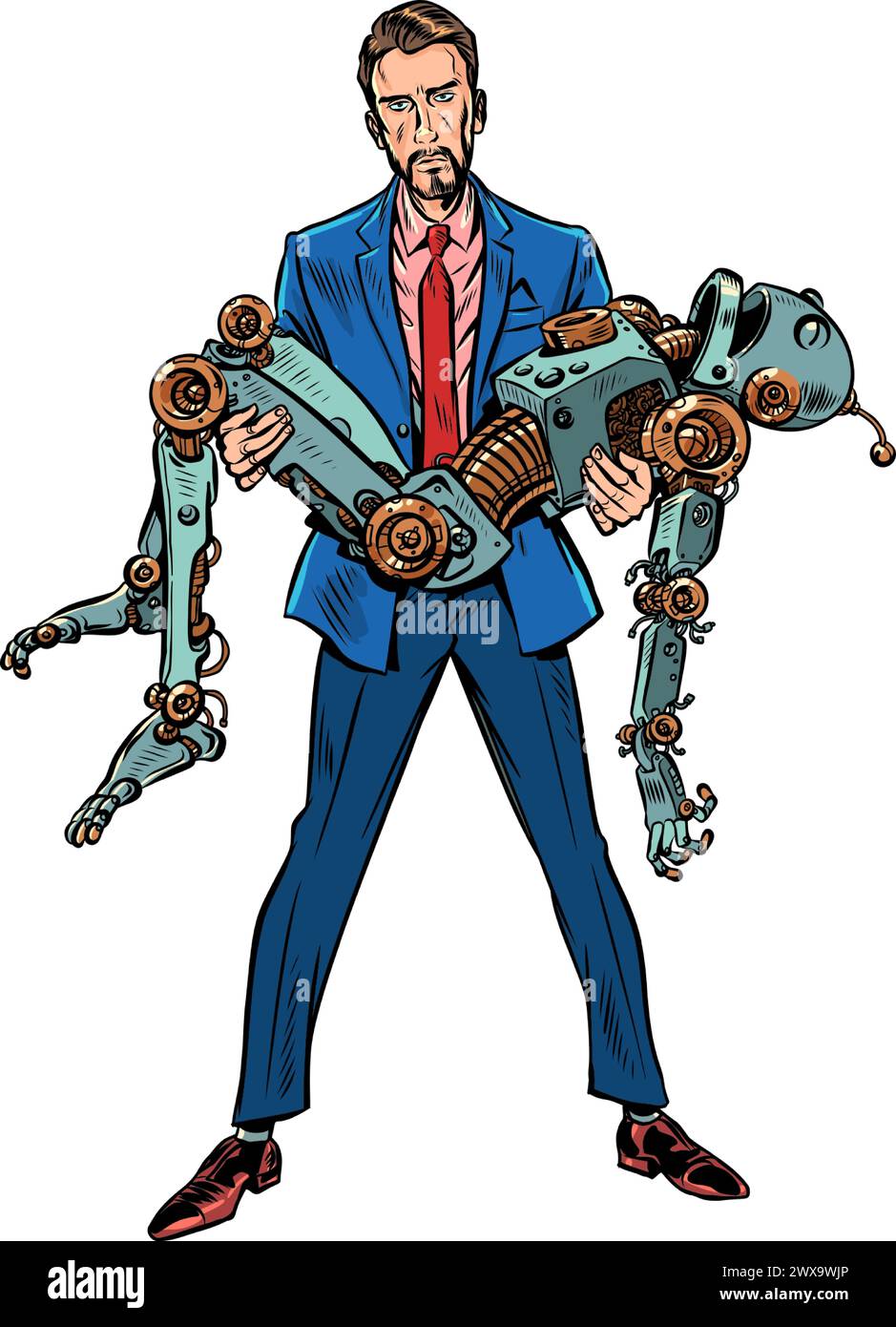A man in a suit is carrying a vintage robot in his arms. Repair of ...