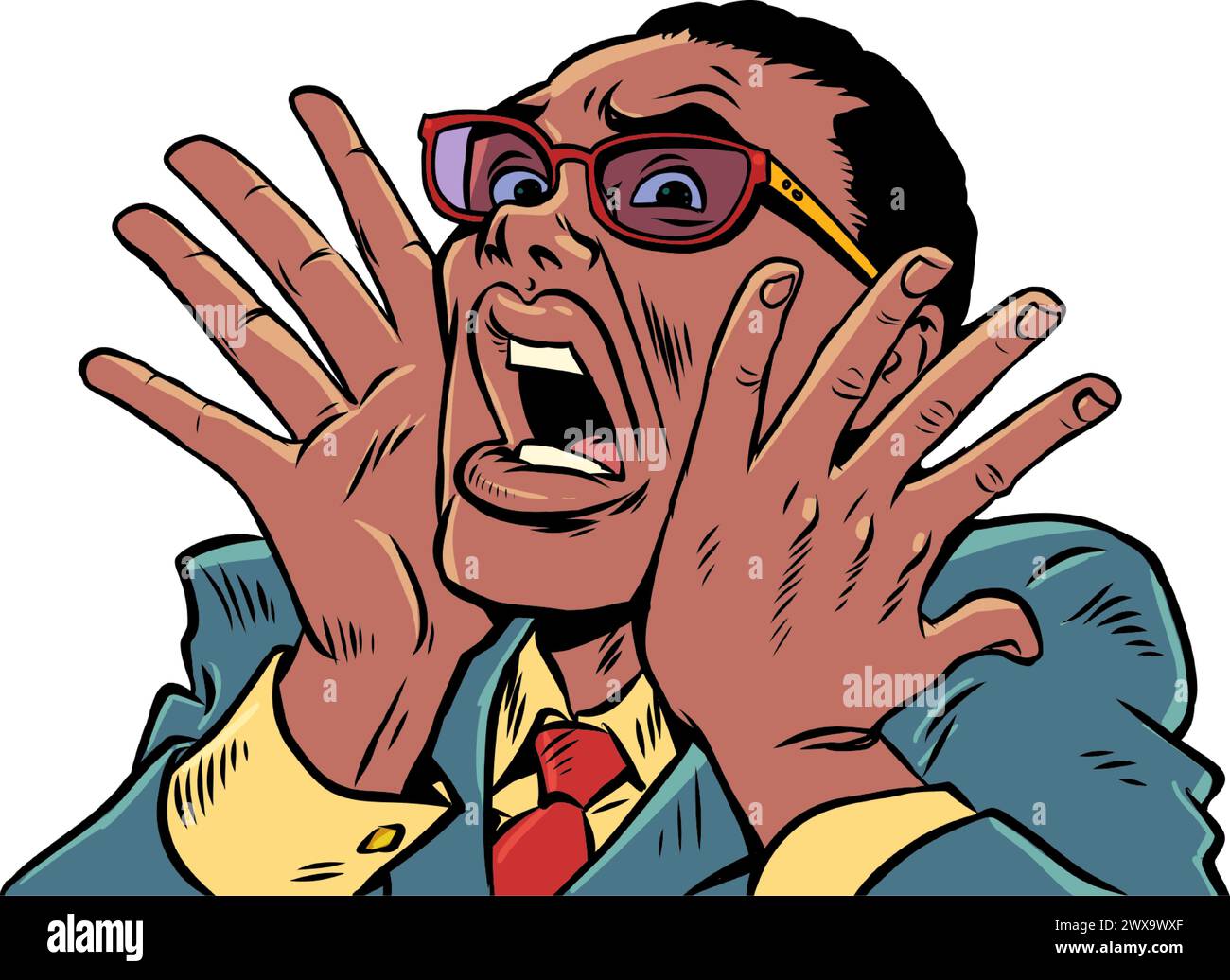 The man screams in horror, covering his face with his hands. Unexpected ...