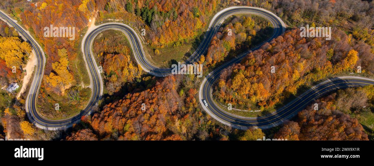 aerial view of inegol domanic road with beautiful autumn colors of ...