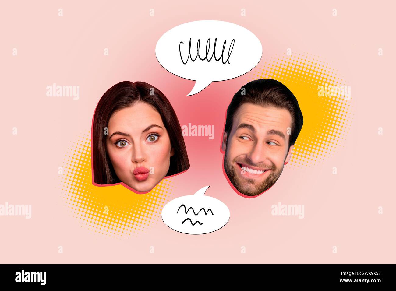 Collage image of two people heads toothy smile pouted lips kiss ...