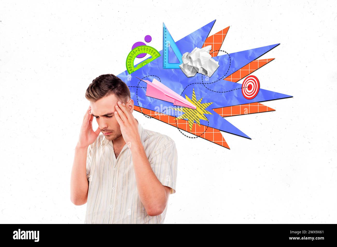 Abstract template graphics collage image of tired overworked guy having ...