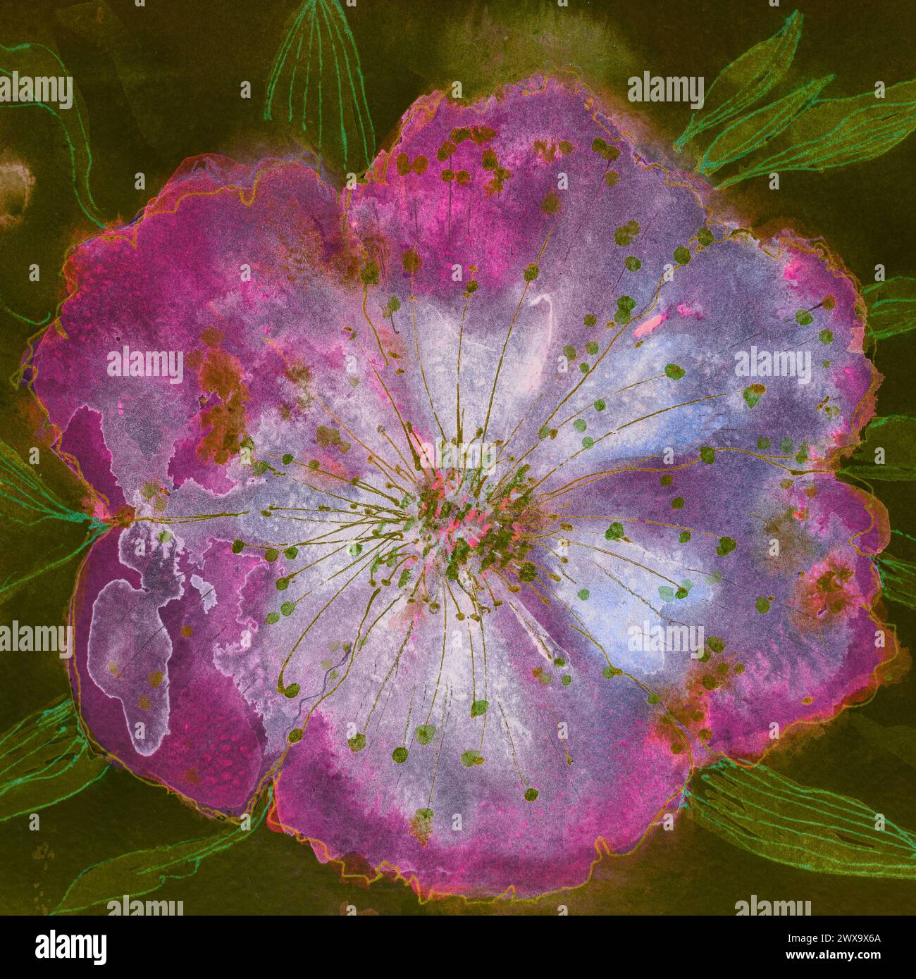 Pink psychedelic rose with a green background. The dabbing technique ...