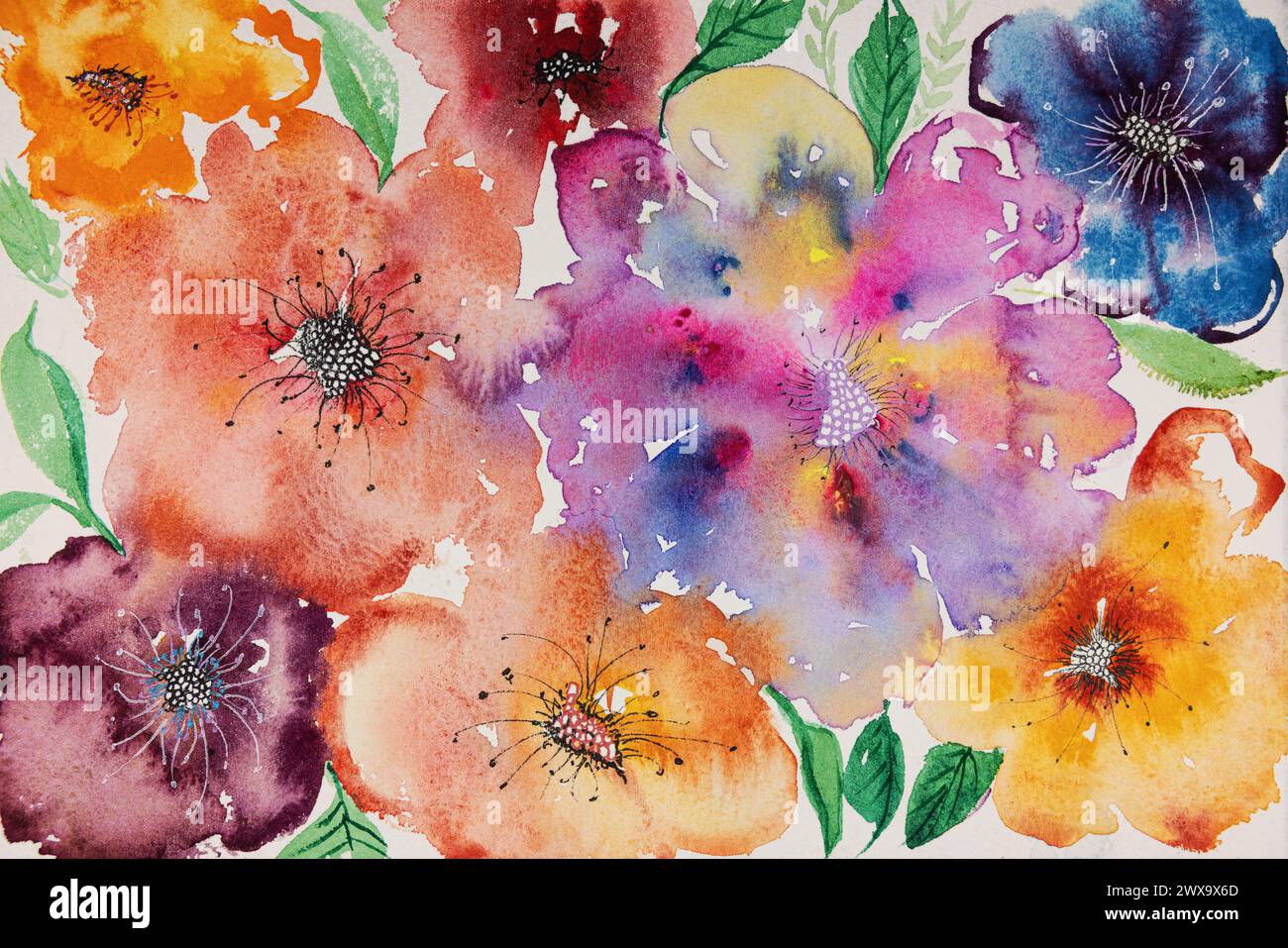Assortiment of watercolor flowers with beautiful colors. The dabbing ...