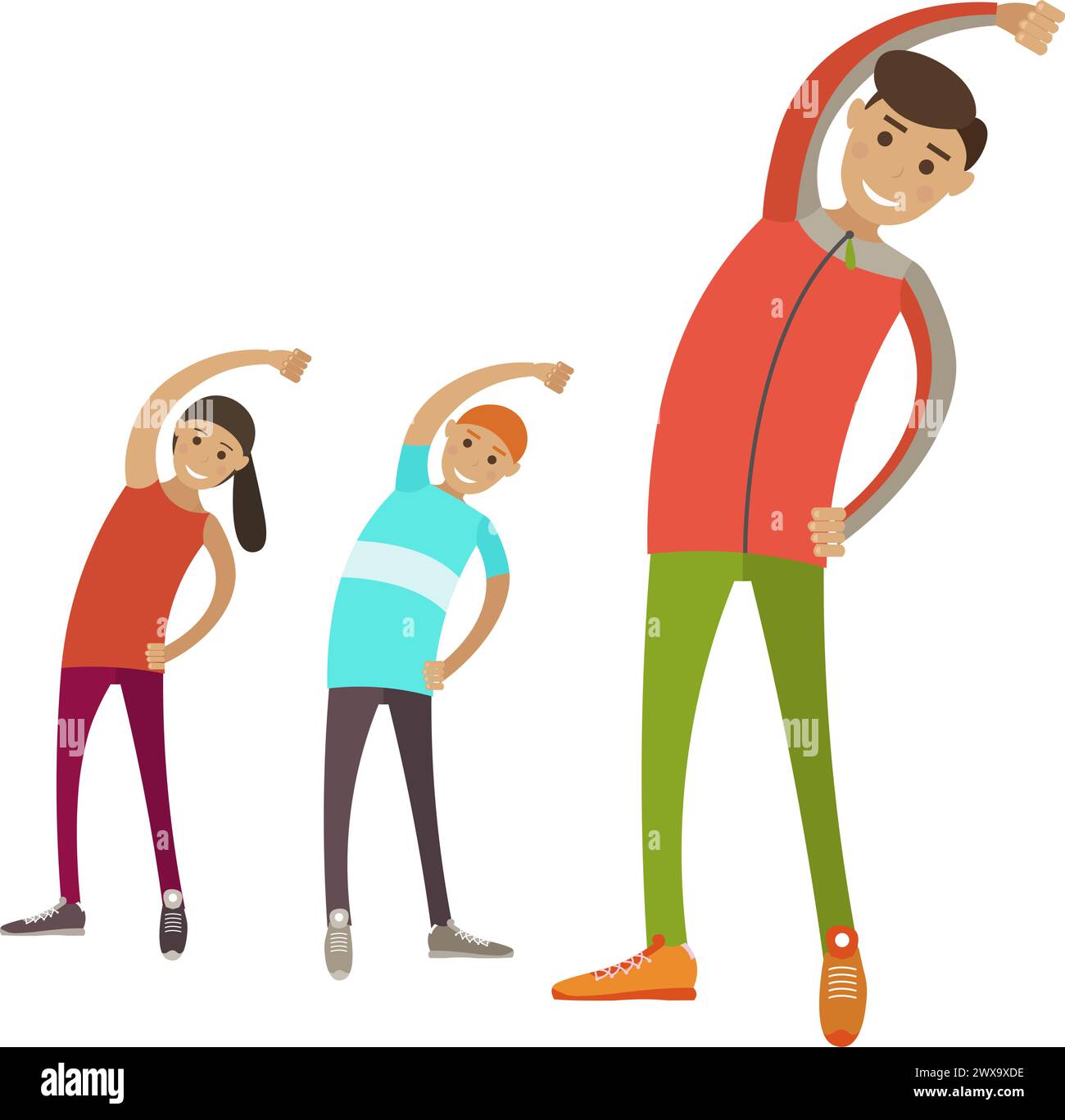 Physical education teacher doing exercise with children on lesson ...