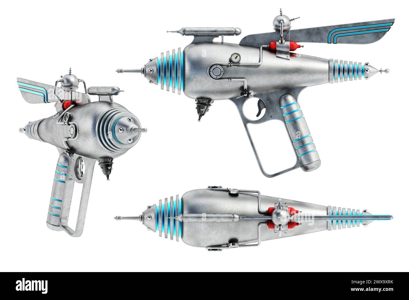 Retro ray gun rendering from various views isolated on white background ...