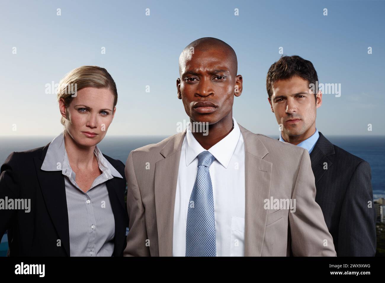 Ocean, serious and portrait of business people in nature for corporate ...