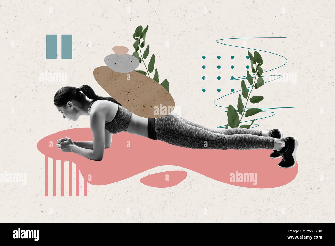 Creative abstract template collage of young female standing plank enjoy ...