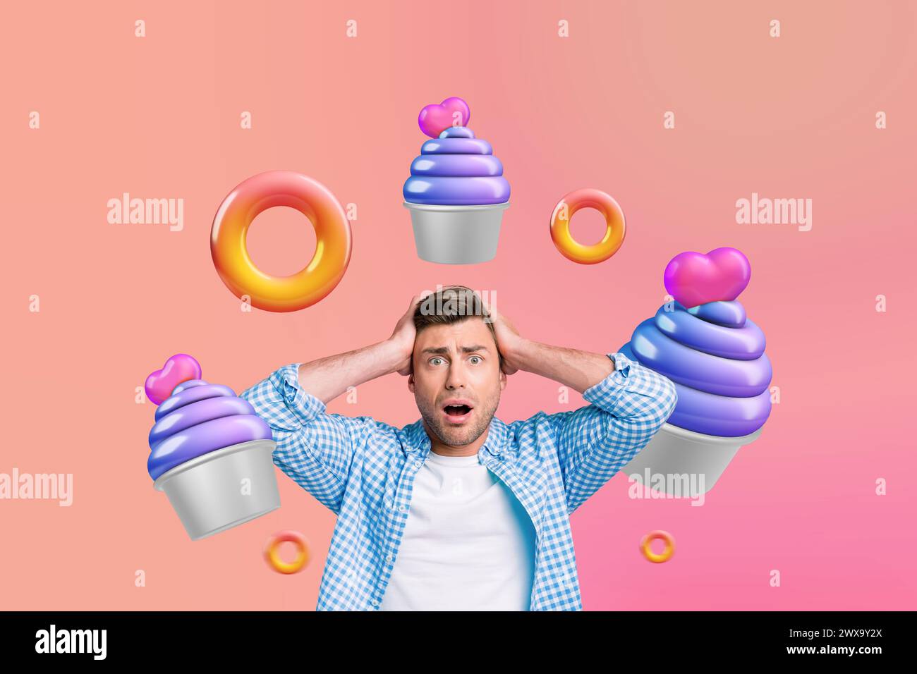 Creative collage young shocked man dessert bakery sugary pastry ...
