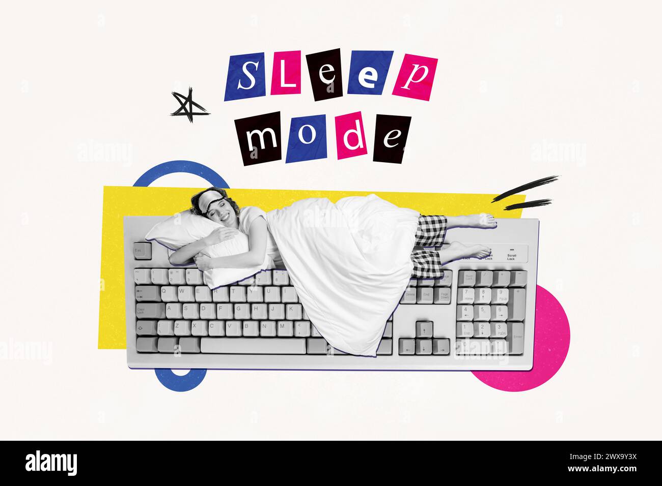 Collage artwork sketch of dreamy sleepy cute woman lying enjoying relax ...