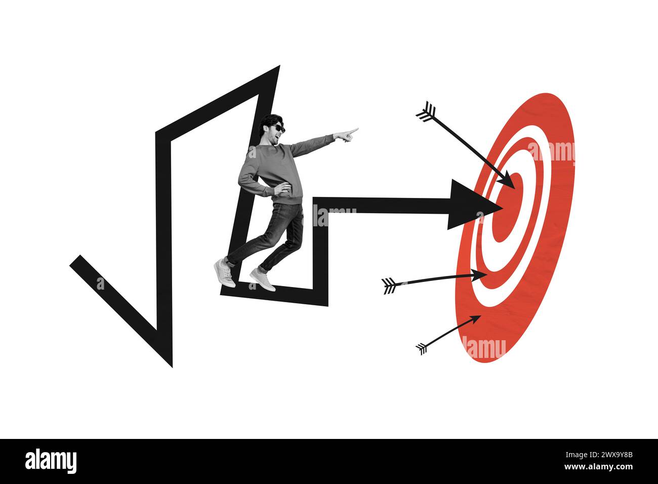 Creative collage young confident man laughing pointint finger aim ...