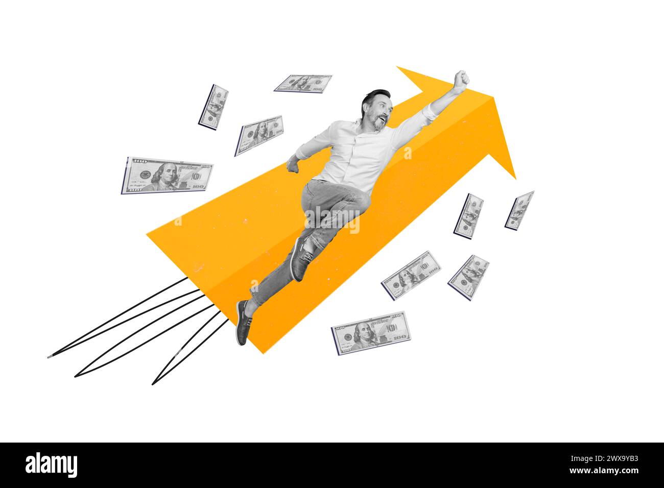 Creative picture photo collage young ambitious young man superhero fist ...