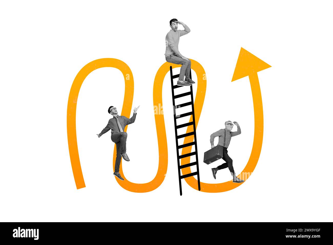 Creative collage young sitting top ladder man look far watch search ...