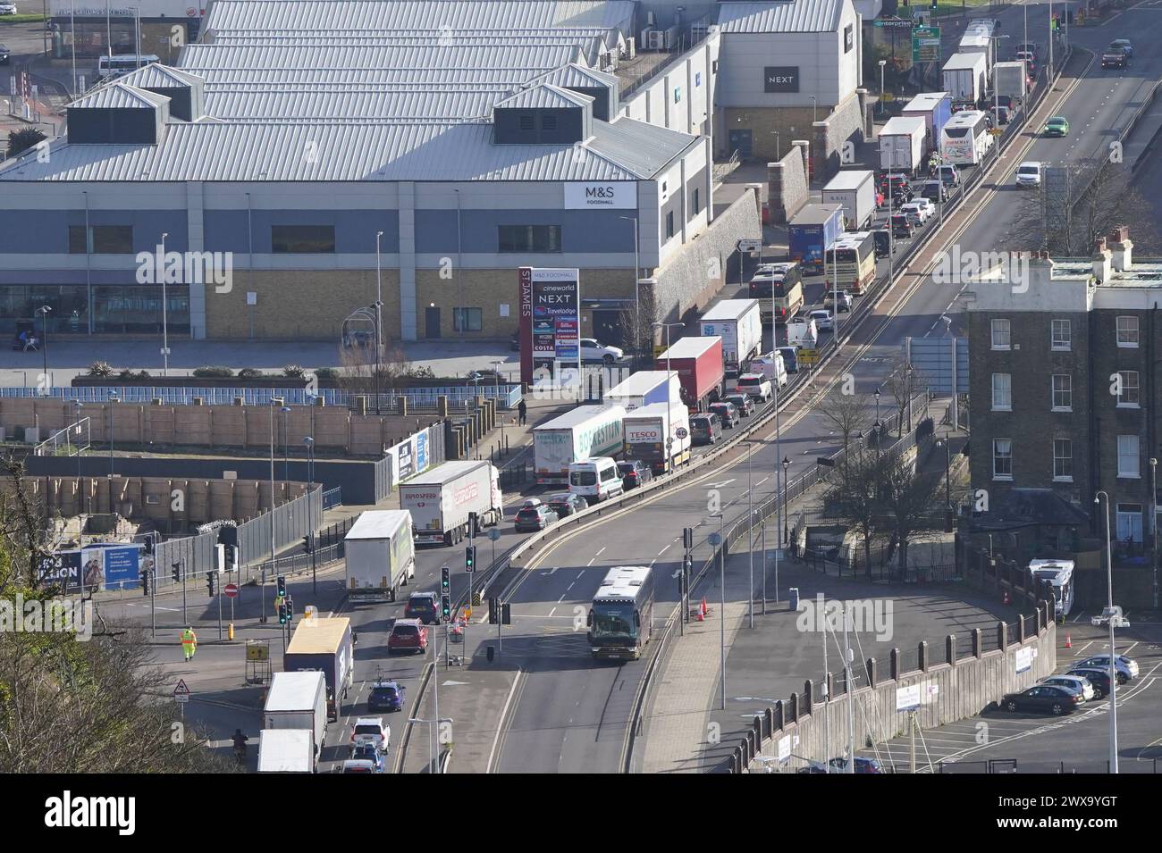 Traffic on the A20 waiting to enter the Port of Dover in Kent to catch ...