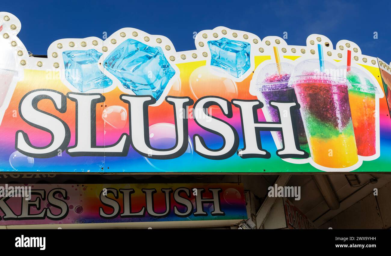 Sign for iced Slush at seaside food takeaway fast food business ...