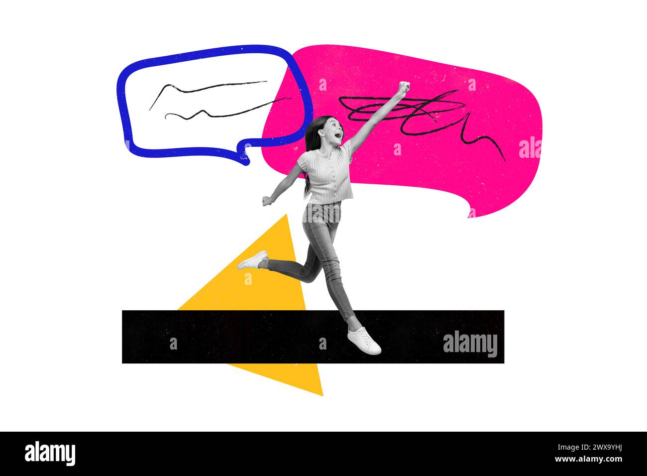 Composite photo collage of happy girl hand up run text box notification ...