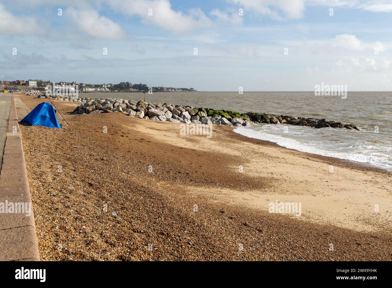 Rock armour groynes building beach sediment, North Sea coast ...