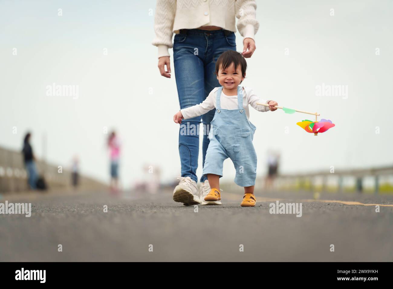 infant baby learn walking first step on a pathway with mother helping ...