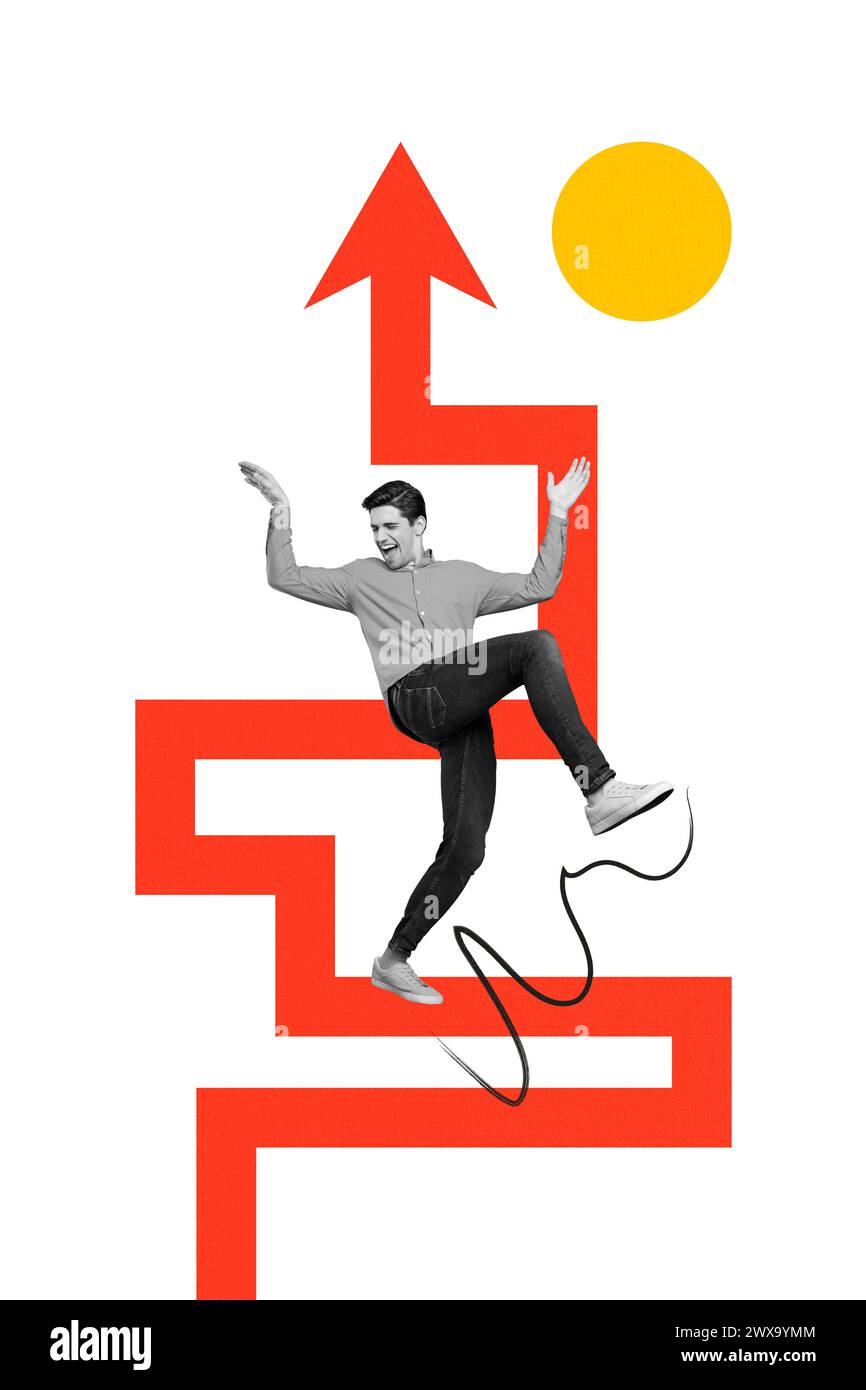 Creative vertical photo collage young dancing happy man labyrinth way ...