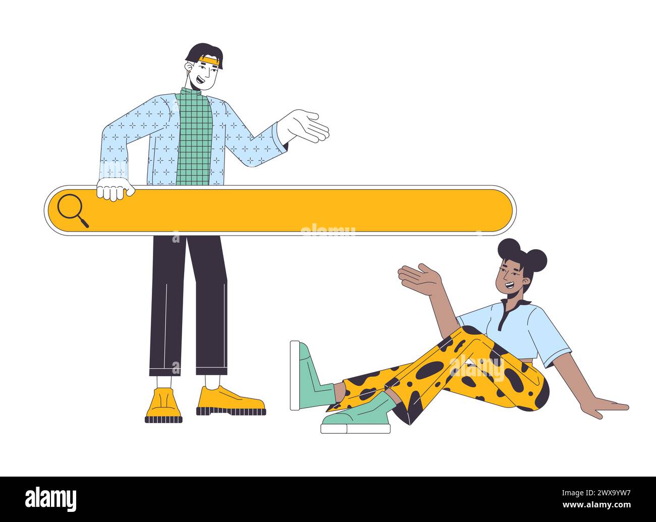 Friends using search field 2D linear cartoon characters Stock Vector ...