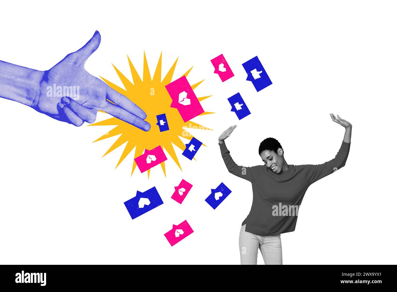 Creative collage picture young happy excited girl receive positive ...