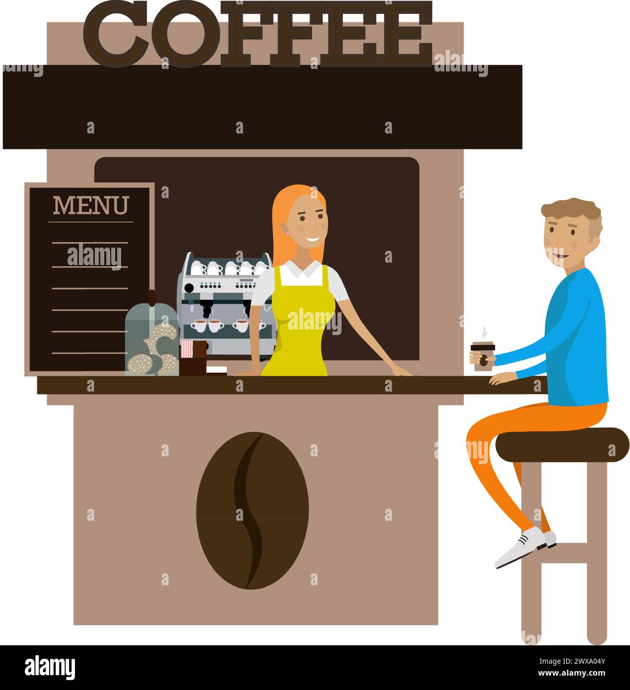 Client at coffee shop street booth vector icon isolated on white Stock ...