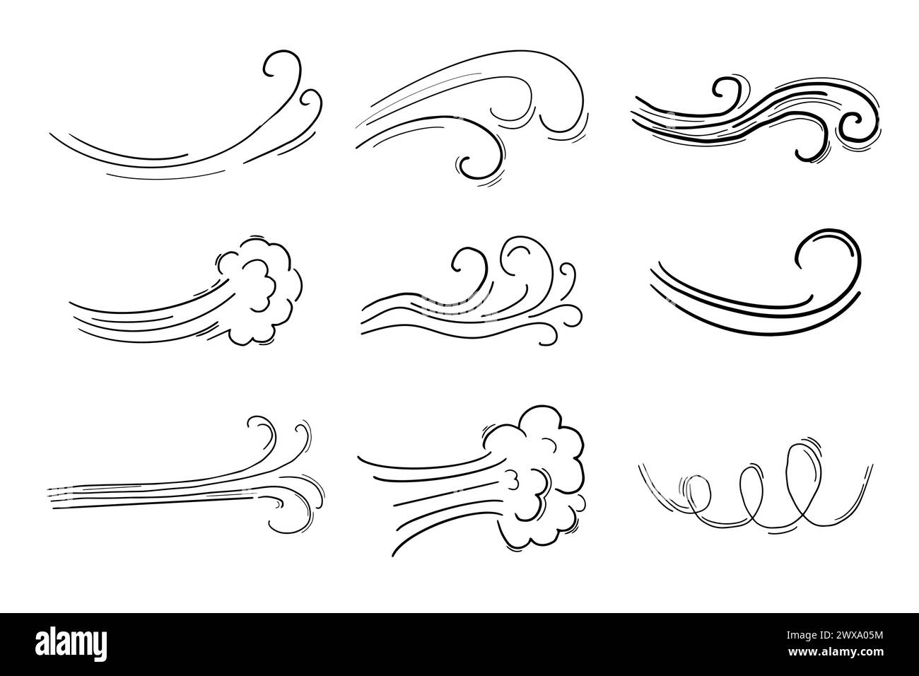 Wind motion doodle line swirl hand drawn steam weather blow isolated on ...