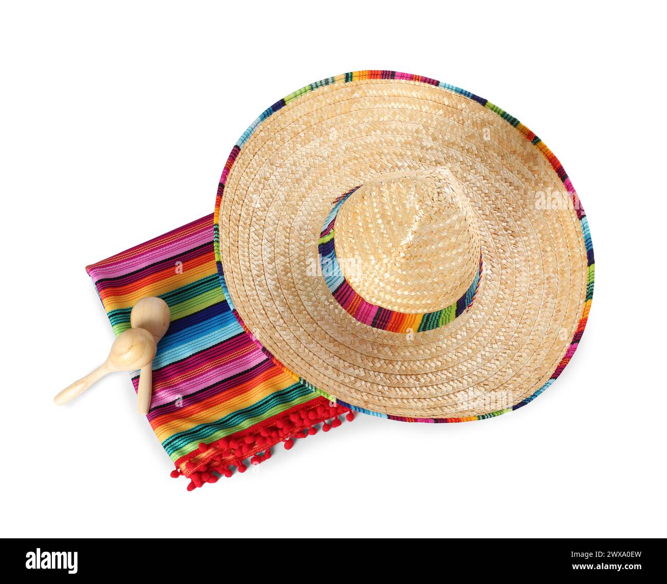 Mexican sombrero hat, maracas and colorful poncho isolated on white ...