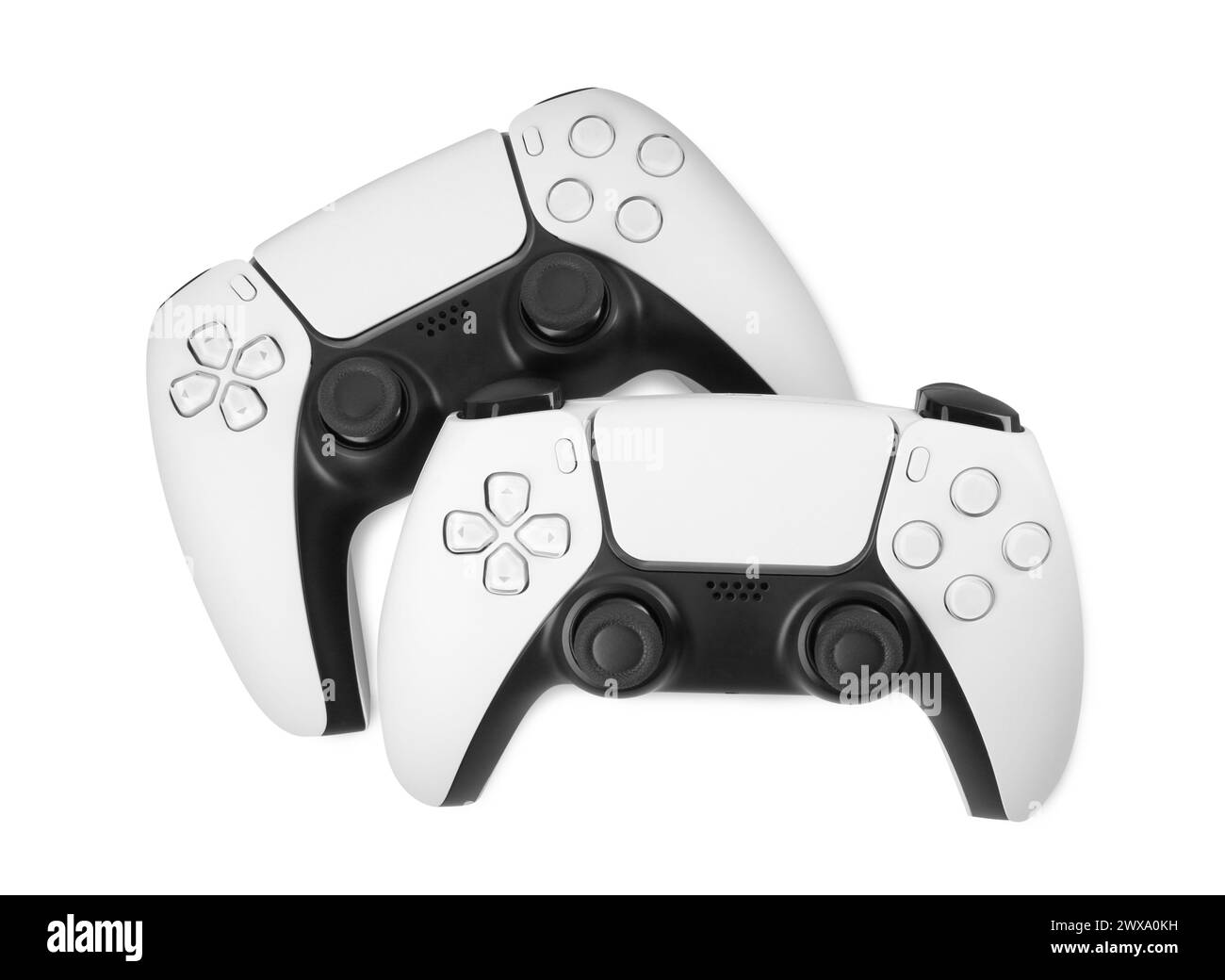 Two wireless game controllers isolated on white, top view Stock Photo ...