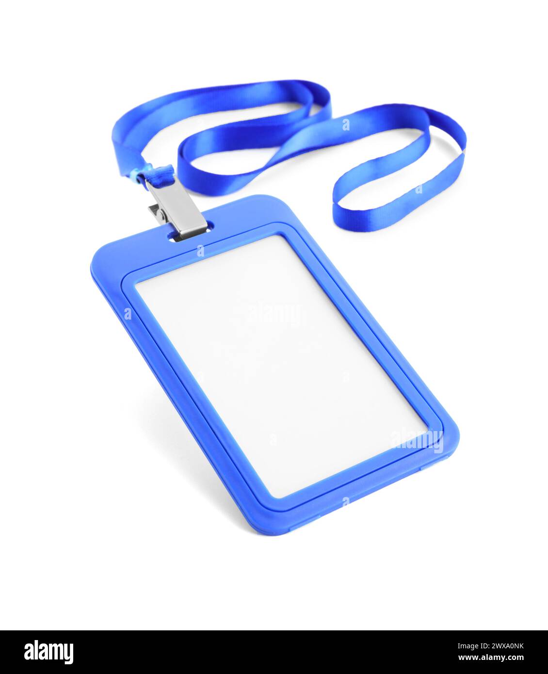 Blank blue badge with string isolated on white Stock Photo - Alamy