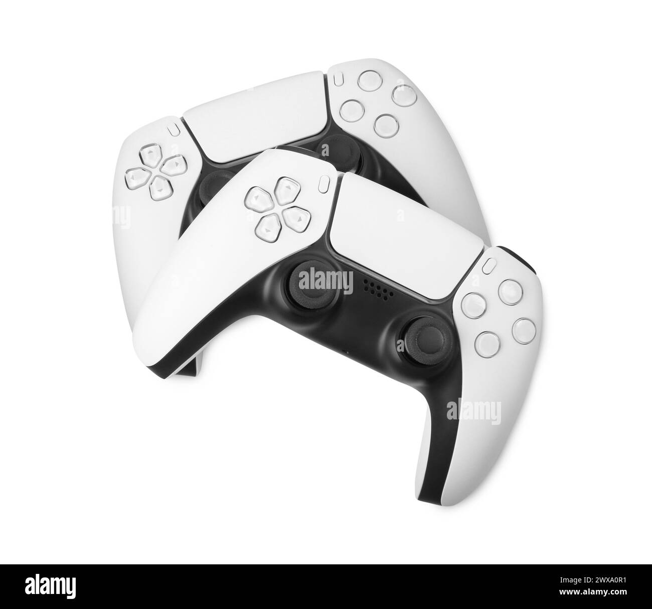 Two wireless game controllers isolated on white, top view Stock Photo ...