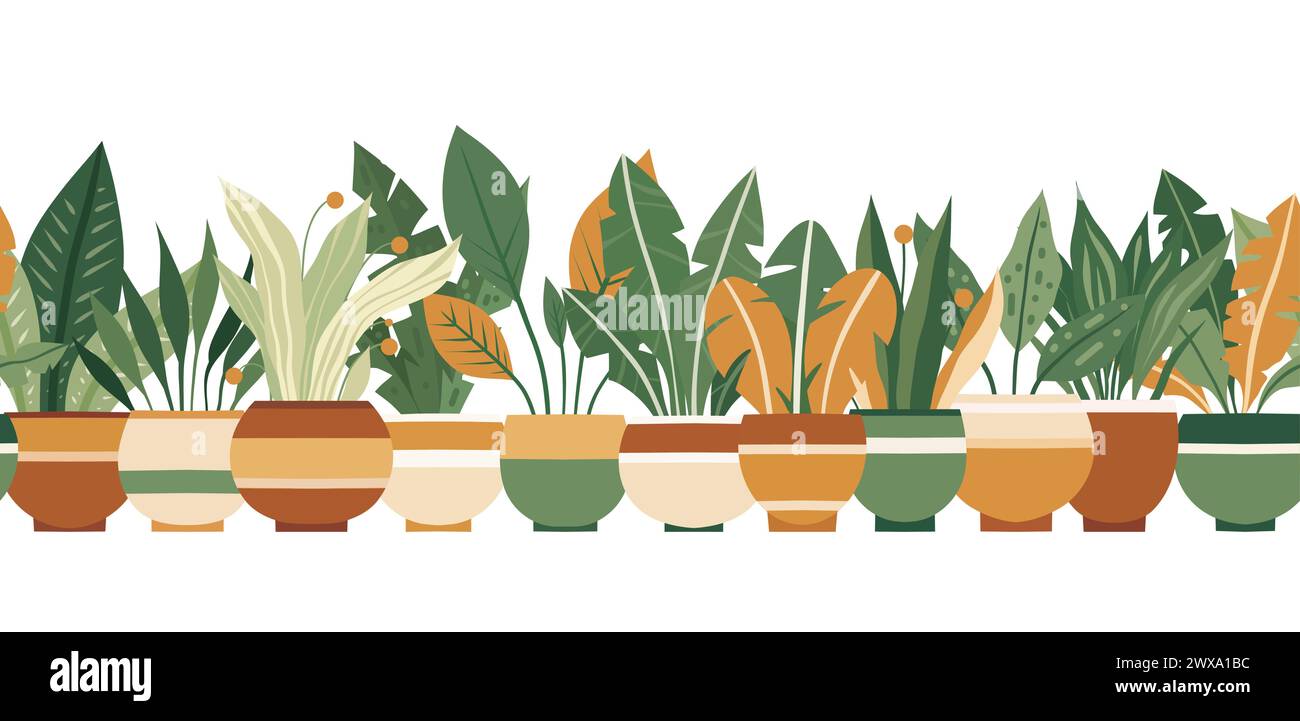 Vector seamless horizontal border with home flowers in pots isolated ...