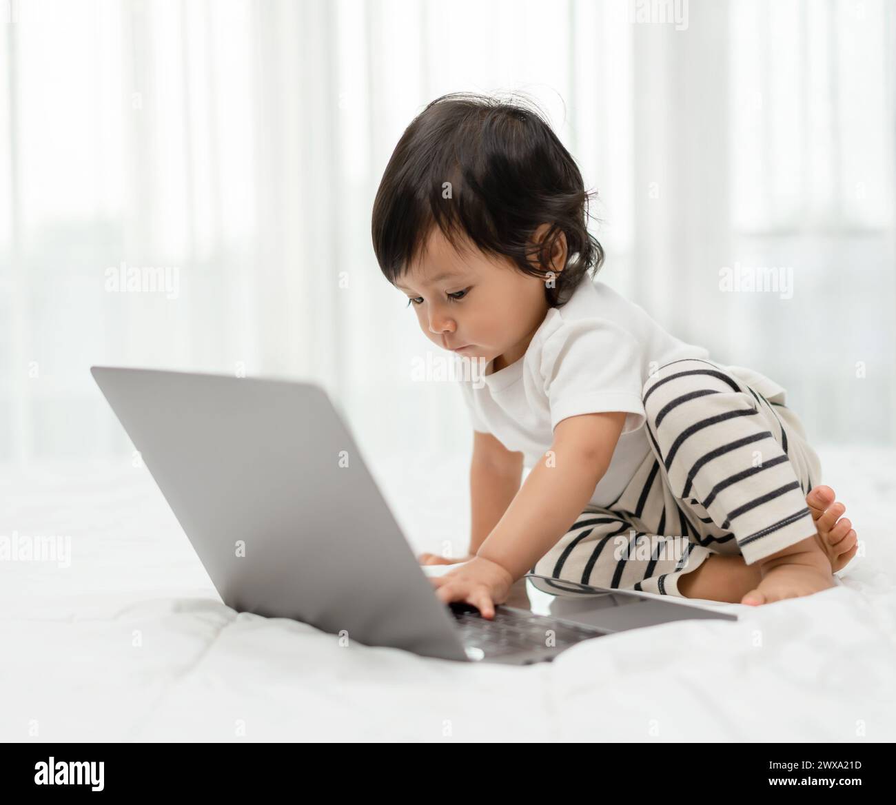 toddler baby using laptop computer on a bed Stock Photo - Alamy
