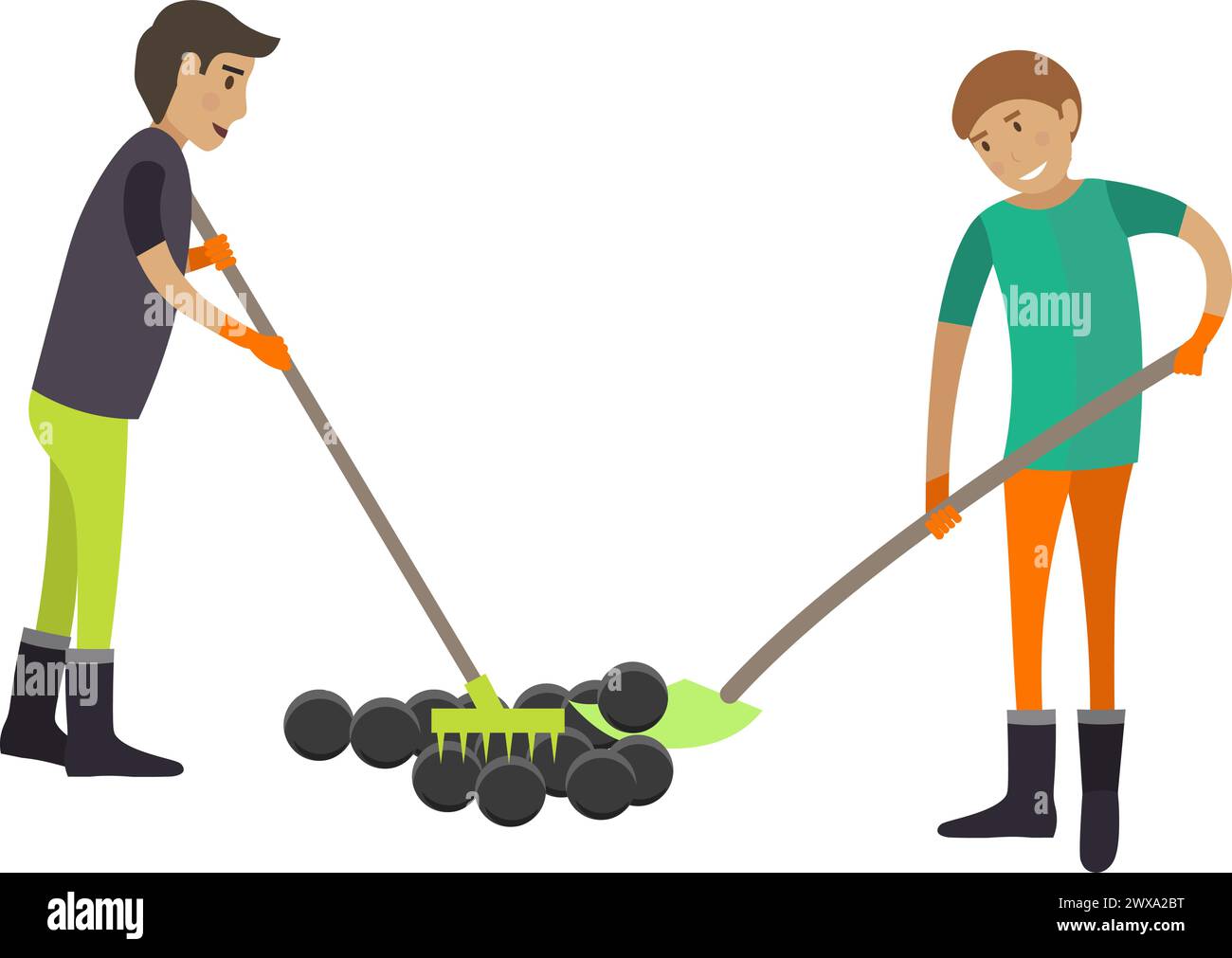 Farmers team harvesting in garden vector icon isolated on white Stock ...