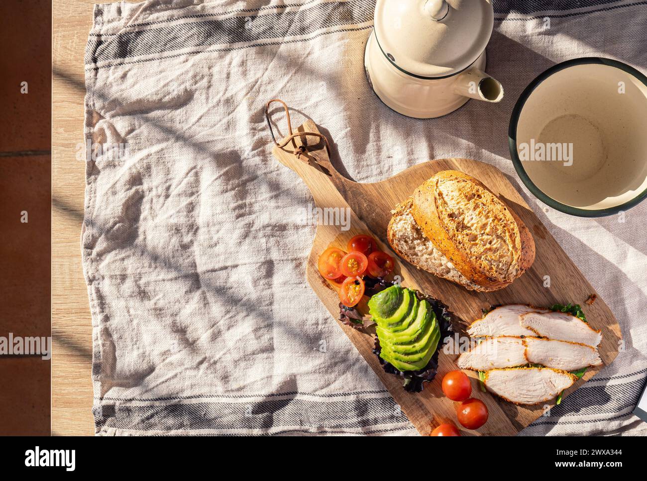 Vital Breakfast: Energy and Freshness, bread, tomato, avocado, chicken ...