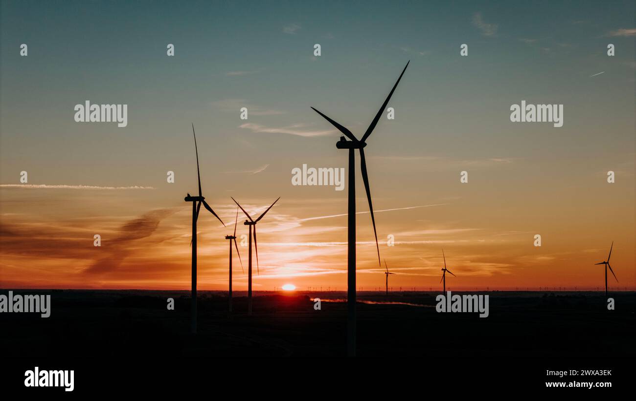 Aerial view of sun rising over wind farm generating clean electricity ...