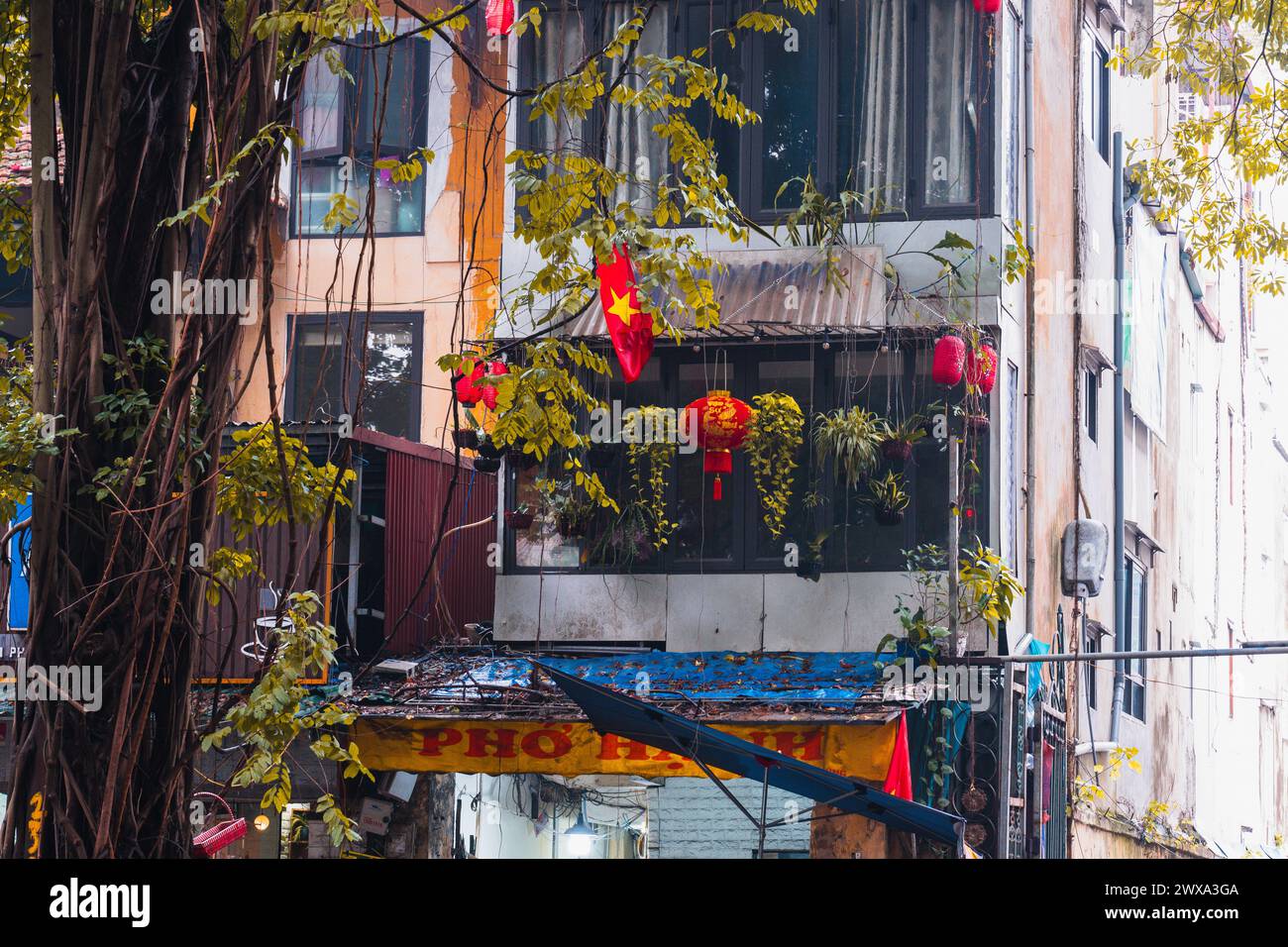 Typical Building in Downtown Hanoi with Red Lanterns and Electrical ...