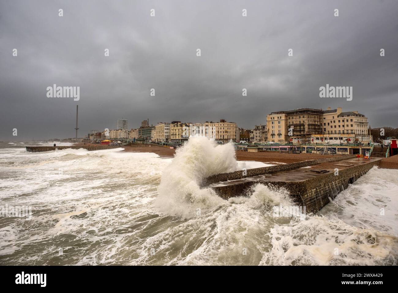 Brighton, March 28th 2024: Waves batter the beach at high tide in ...