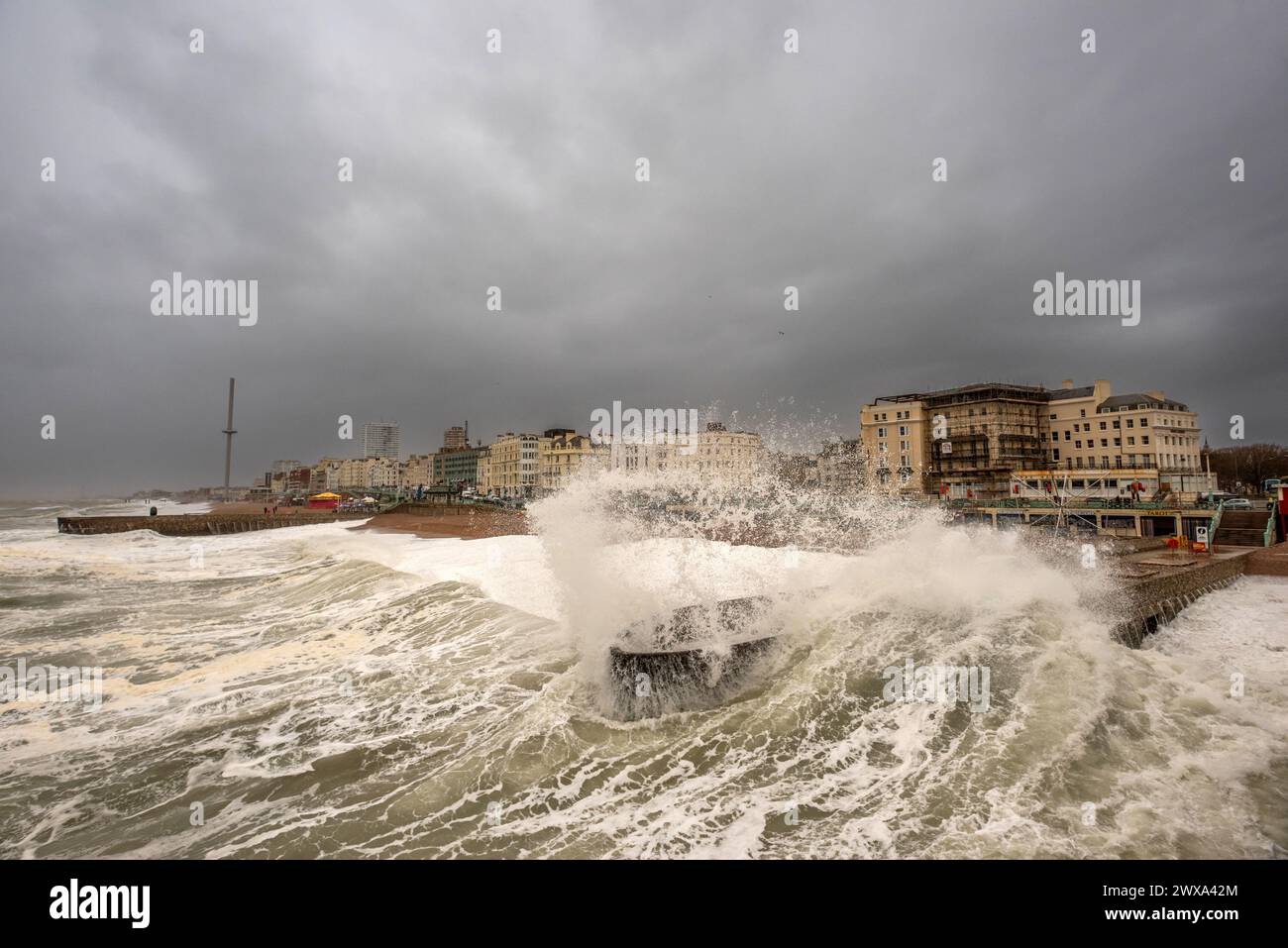 Brighton, March 28th 2024: Waves batter the beach at high tide in ...