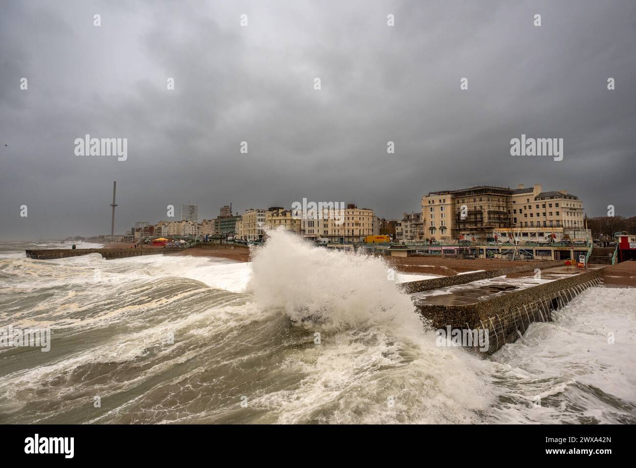 Brighton, March 28th 2024: Waves batter the beach at high tide in ...