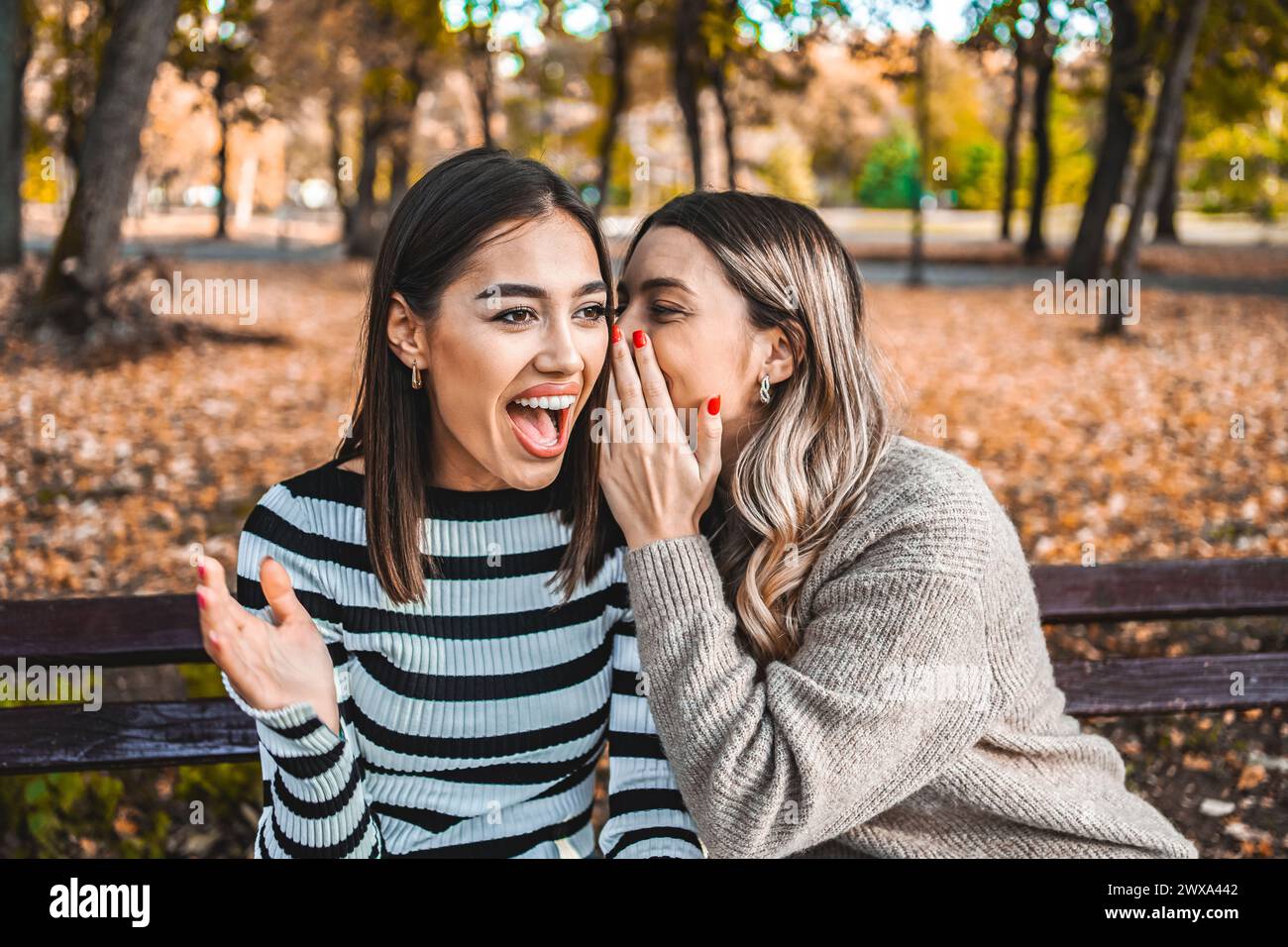 Two women whisper a secret in each other's ear and share a laugh Stock Photo - Alamy