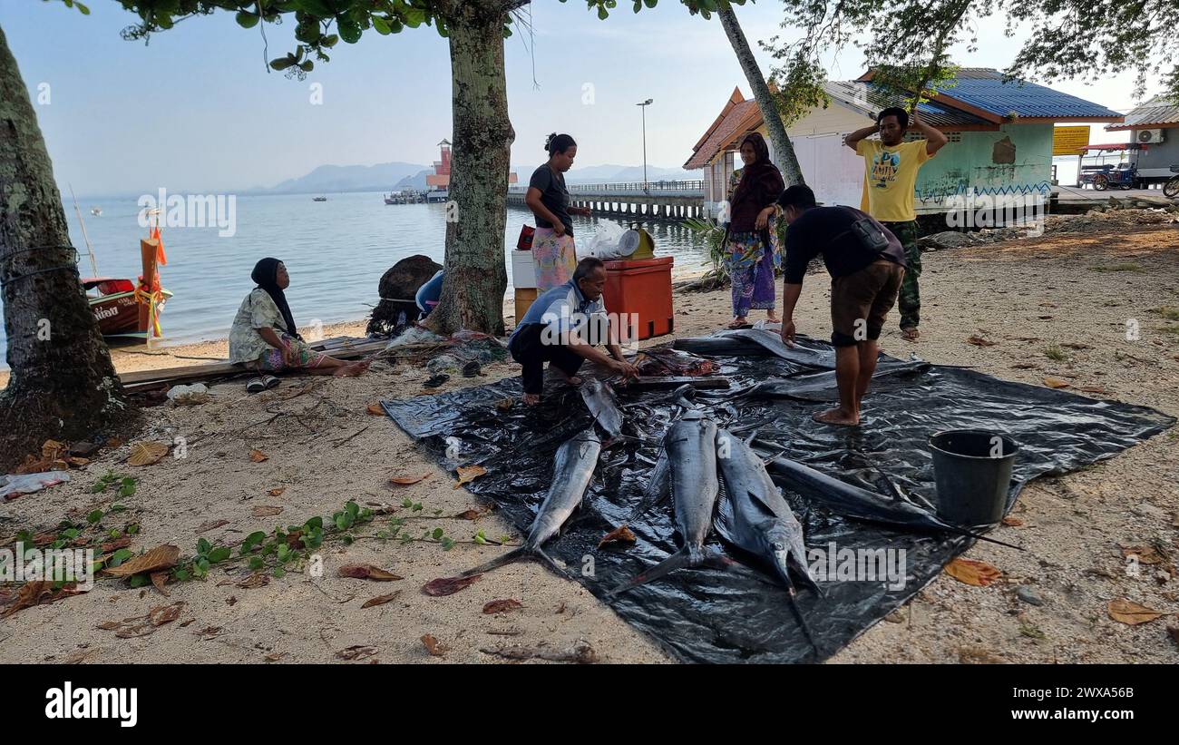 Koh Mook Thailand 20 January 2024, A tribe of people stand on a sandy ...