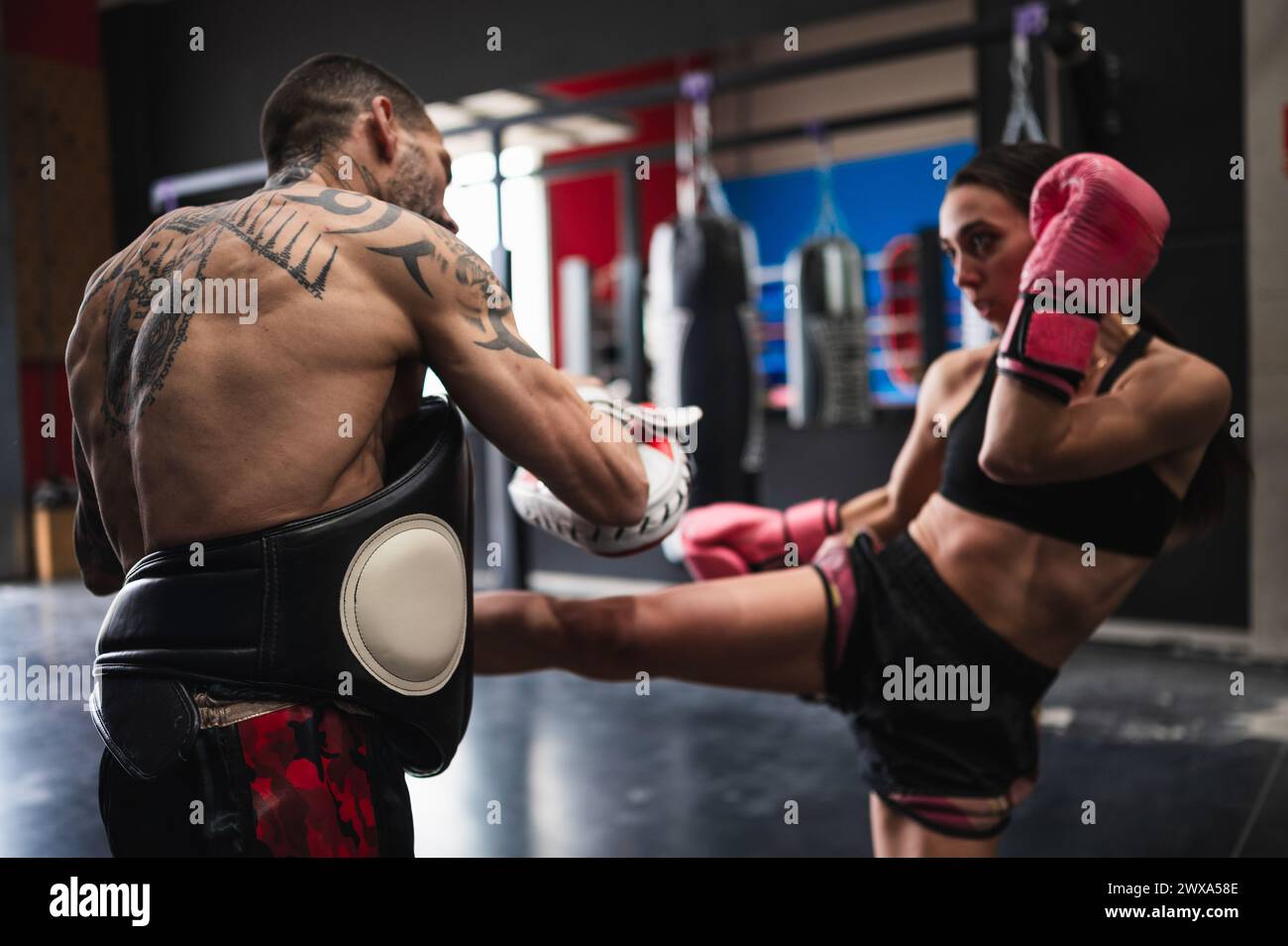 Female fighter practicing martial arts kicks with coach Stock Photo - Alamy
