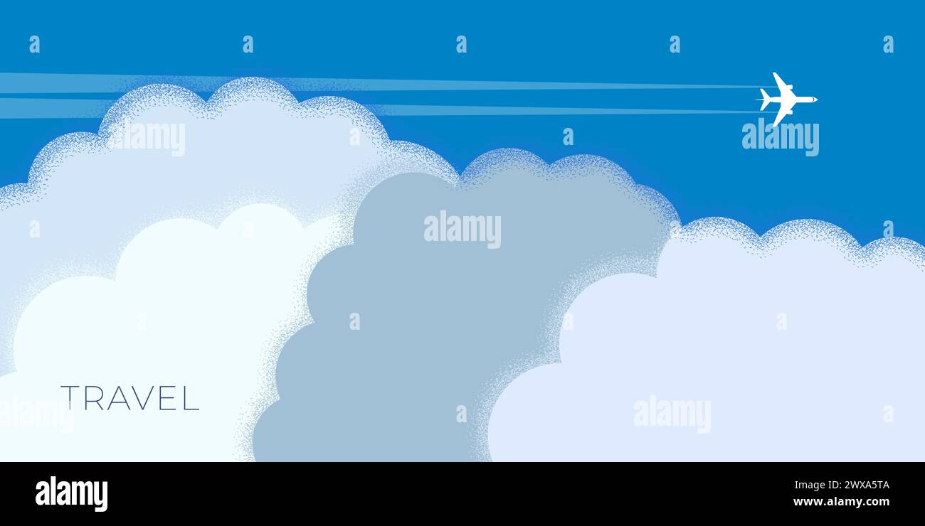 Abstract retro minimal summer travel horizontal banner. Airplane flies ...