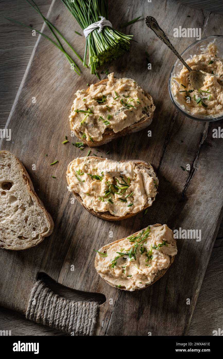Close-up of bread slice with traditional Slovak bryndza spread made of ...
