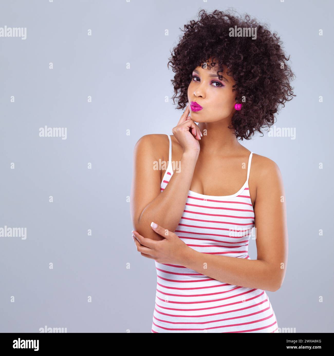 African, woman and fashion in studio for thinking with idea, white ...