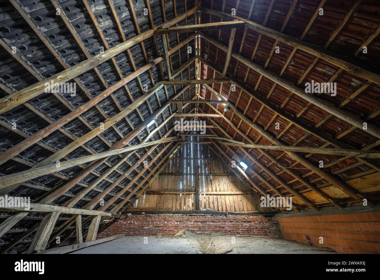 Authentic oak trusses roof in a farm house in the east of the ...
